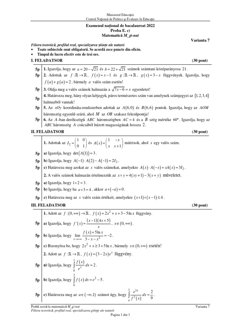 E C Matematica M St-Nat 2022 Var 07 LMA | PDF