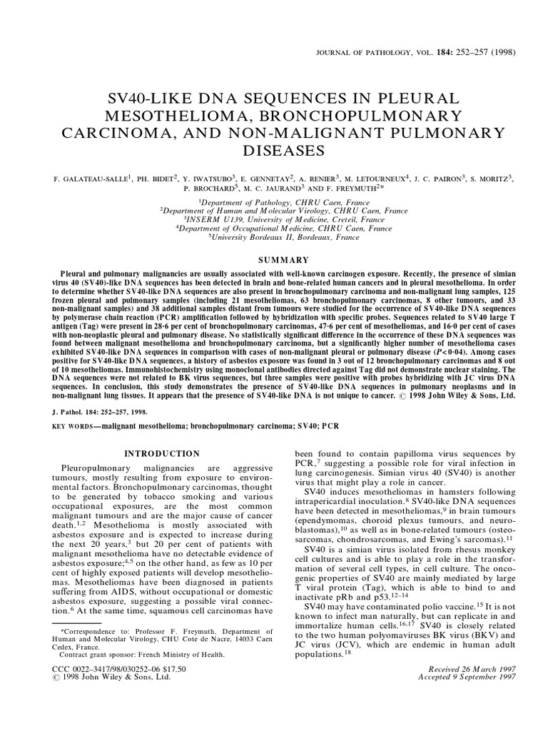 Sv40-Like Dna Sequences in Pleural Mesothelioma, Bronchopulmonary ...