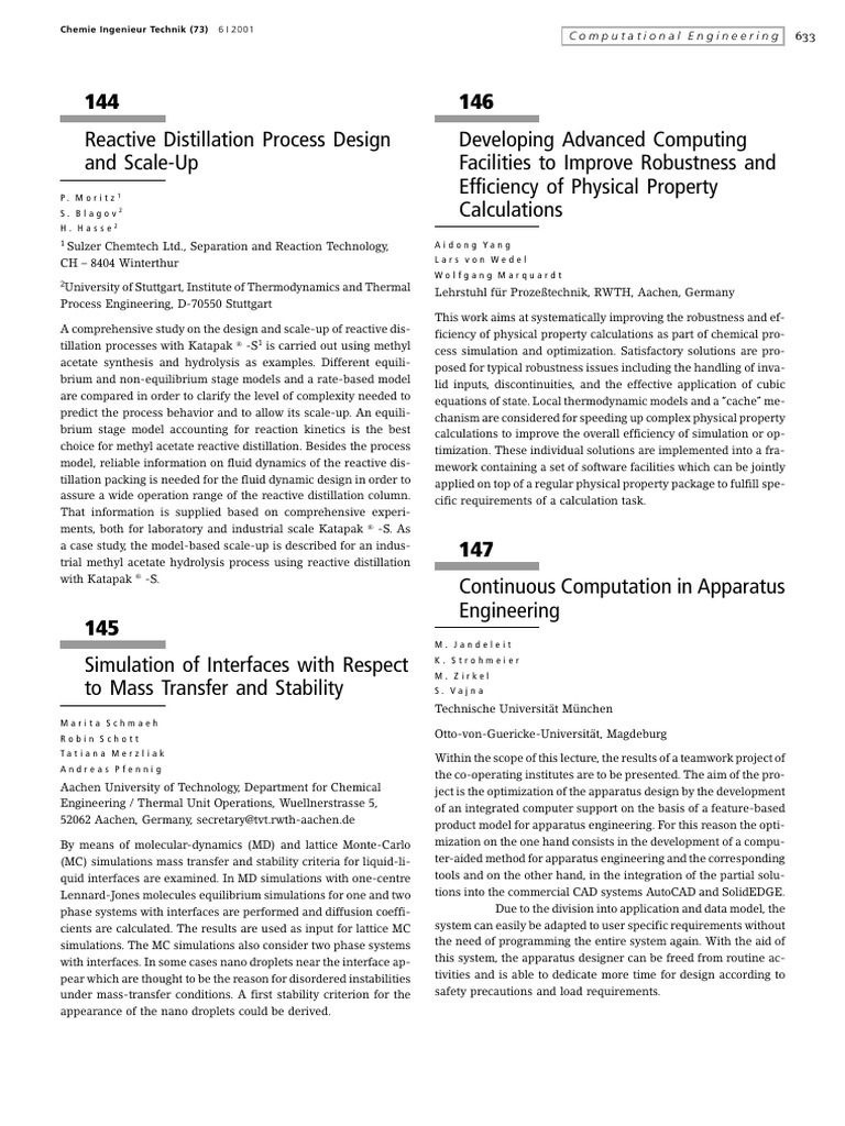 Reactive Distillation Process Design and Scale-Up (Chemie Ingenieur Technik, Vol. 73, Issue 6 ...