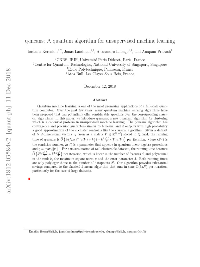 Q Means A Quantum Algorithm For Unsupervised Machine Learning Pdf Cluster Analysis Matrix