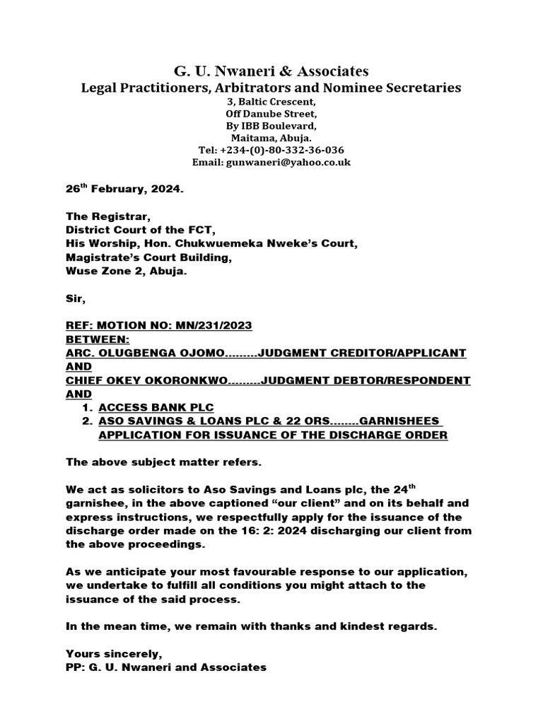 Letter For Discharge Order in Olugbenga Ojomo v. Chief Okey Okoronkwo | PDF | Judgment (Law ...