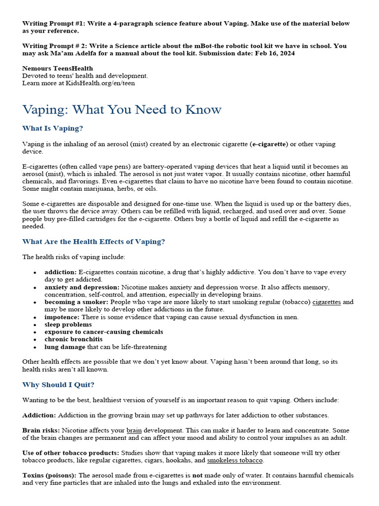 Writing Prompt | PDF | Electronic Cigarette | Cigarette