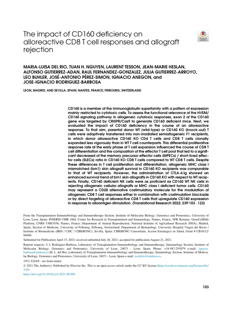The Impact of CD160 Deficiency On Alloreactive CD8 T Cell Responses and ...