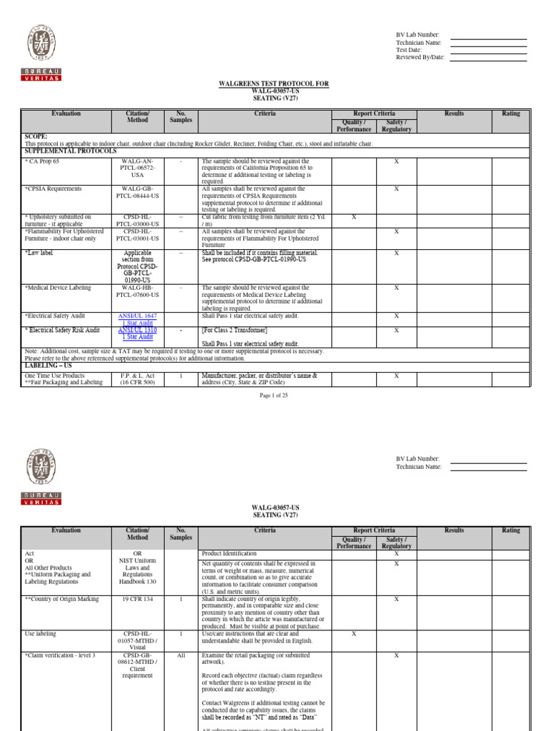 Walgreens Seating Test Protocol V27 | PDF | Chromium | Packaging And ...