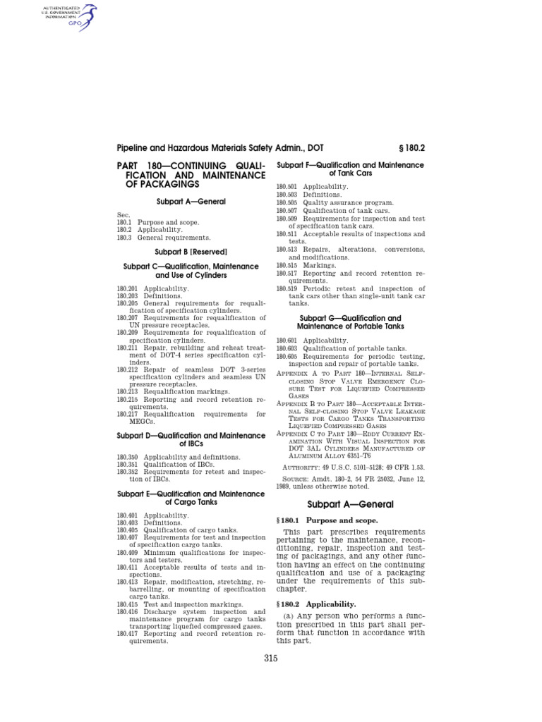 CFR 2011 Title49 Vol3 Part180 Toc Id461 | PDF | Gas Technologies | Gases