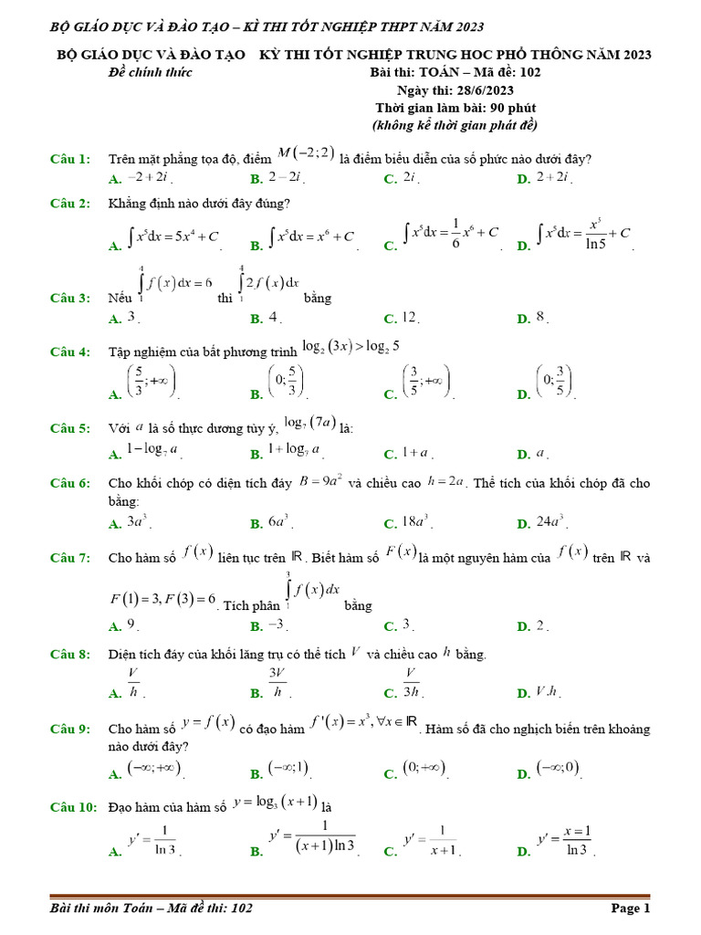 2023 MÃ ĐỀ 102 ĐỀ THI TỐT NGHIỆP THPT | PDF
