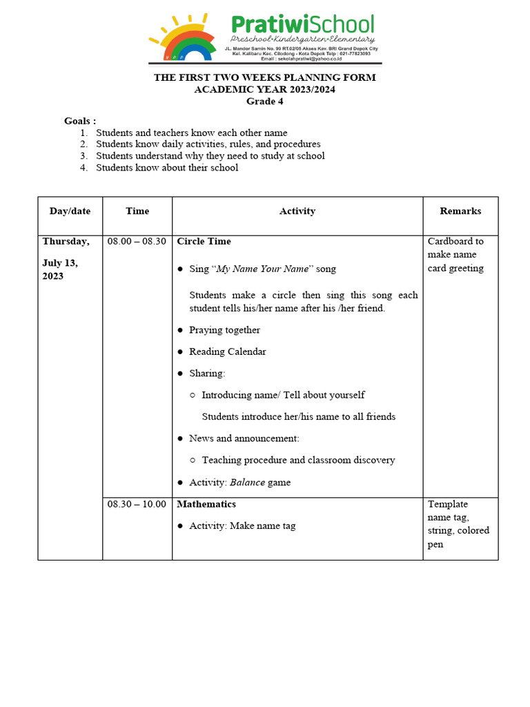 Grade 4 First Two Weeks Plan 2023 | PDF | Prayer | Teachers