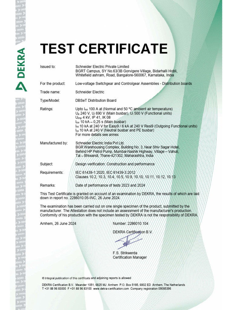 DBSeT Distribution Board Test Certificate | PDF | Insulator ...