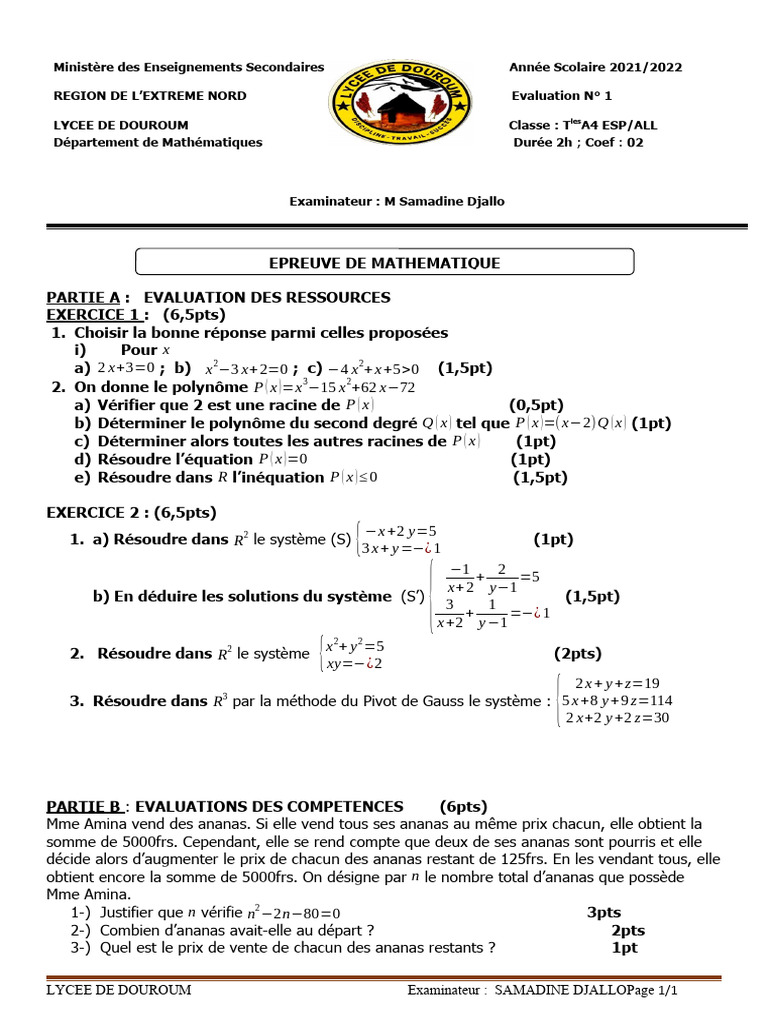Évaluation de mathématiques 4ème | PDF | Algèbre | Concepts mathématiques