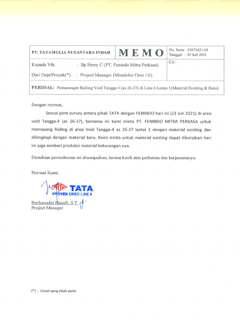 23072021.1 Memo Ke FENINDO - Pemasangan Railing Void Tangga 4 (As 27), Material Existing Dan ...