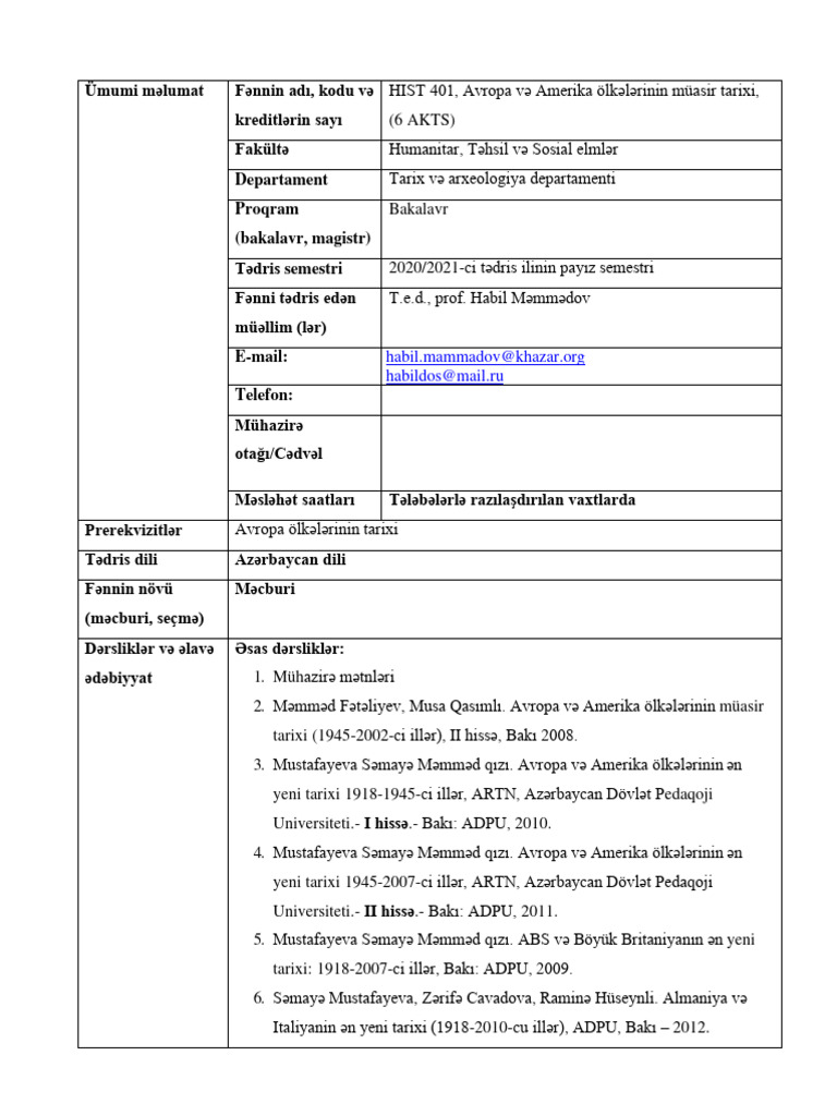 Habil Mammadov-Avropa Olkelerinin Ve Amerikanin Müasir Tarixi | PDF