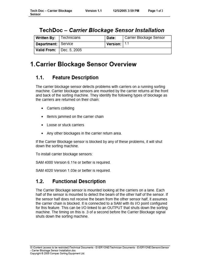 Sensor - Carrier Blockage Sensor Installation | PDF | Sensor | Computer ...
