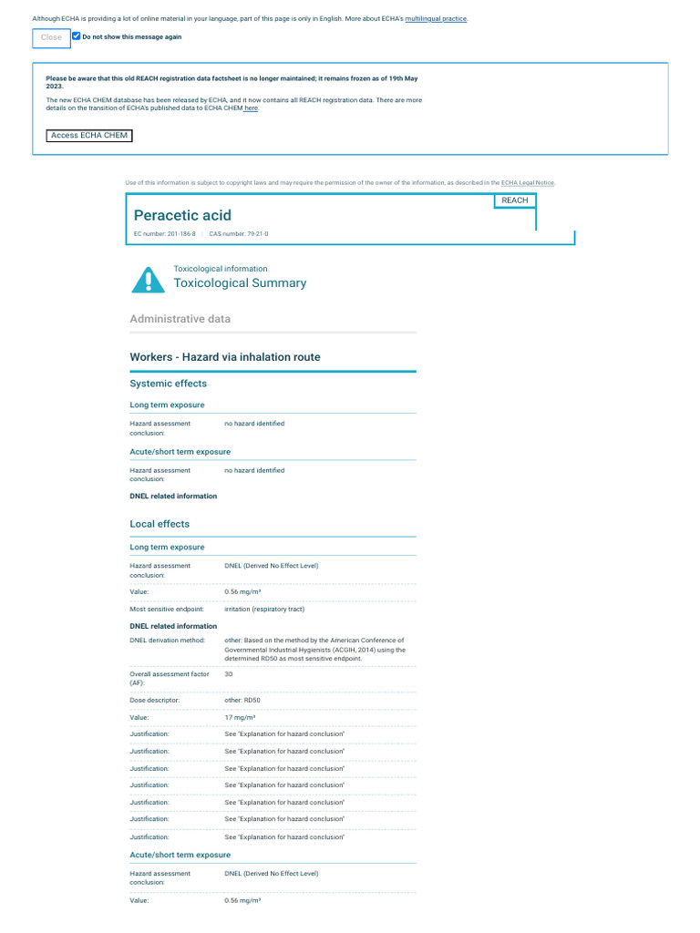 Registration Dossier - ECHA-Peracetic Acid | PDF | Safety ...