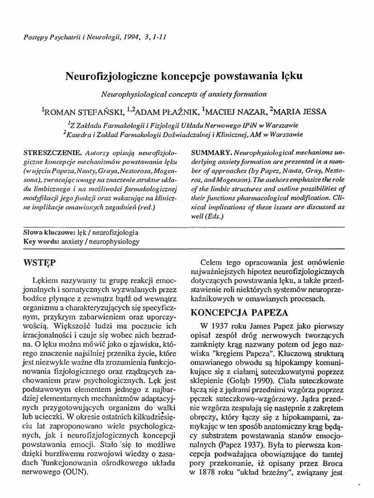 N Eurofizjologiczne Koncepcje Powstawania: Stefański | PDF