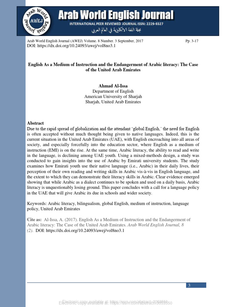 UAE English As A Medium of Instruction and The Endangerment of Arabic ...