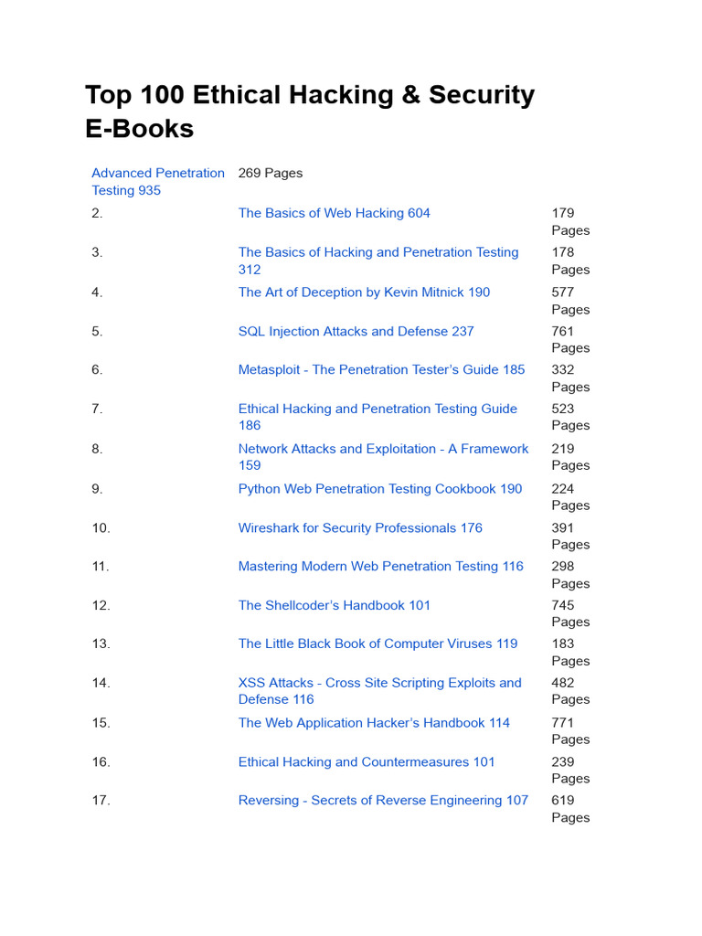 Top 100 Ethical Hacking And Security E Books Pdf Security Hacker Penetration Test