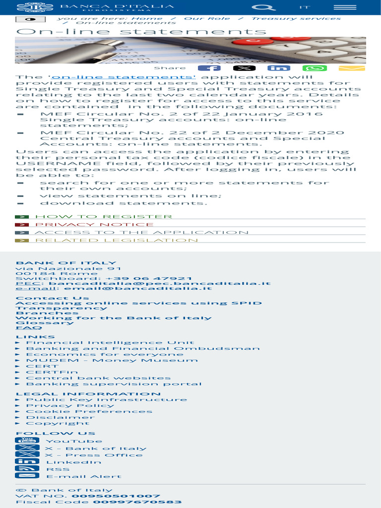 Bank of Italy - On-Line Statements | PDF
