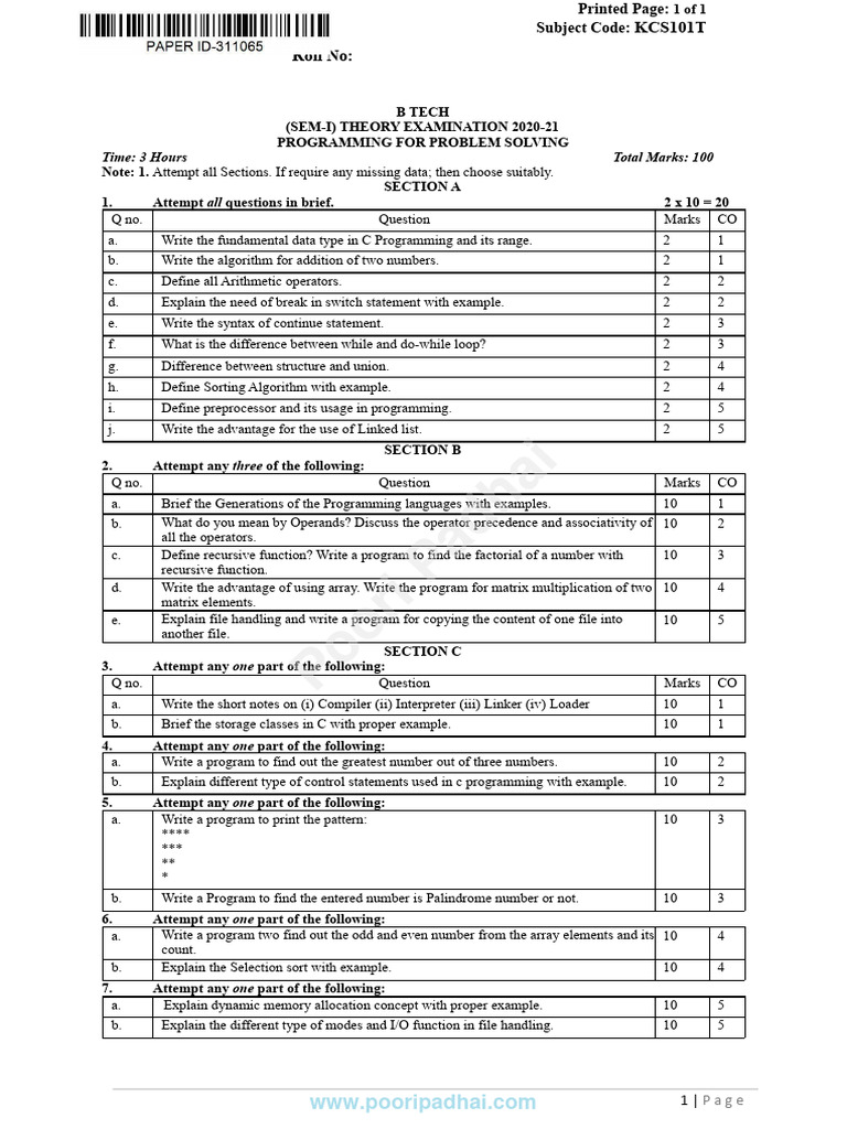 Programming For Problem Solving KCS101T | PDF | C (Programming Language) | Recursion