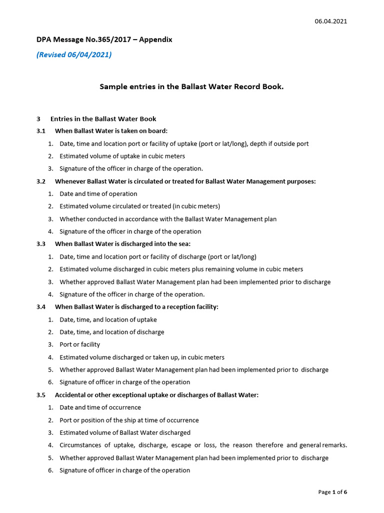 Sample Entries Ballast Water Record Book - Revised 06-04-2021 | PDF | Water