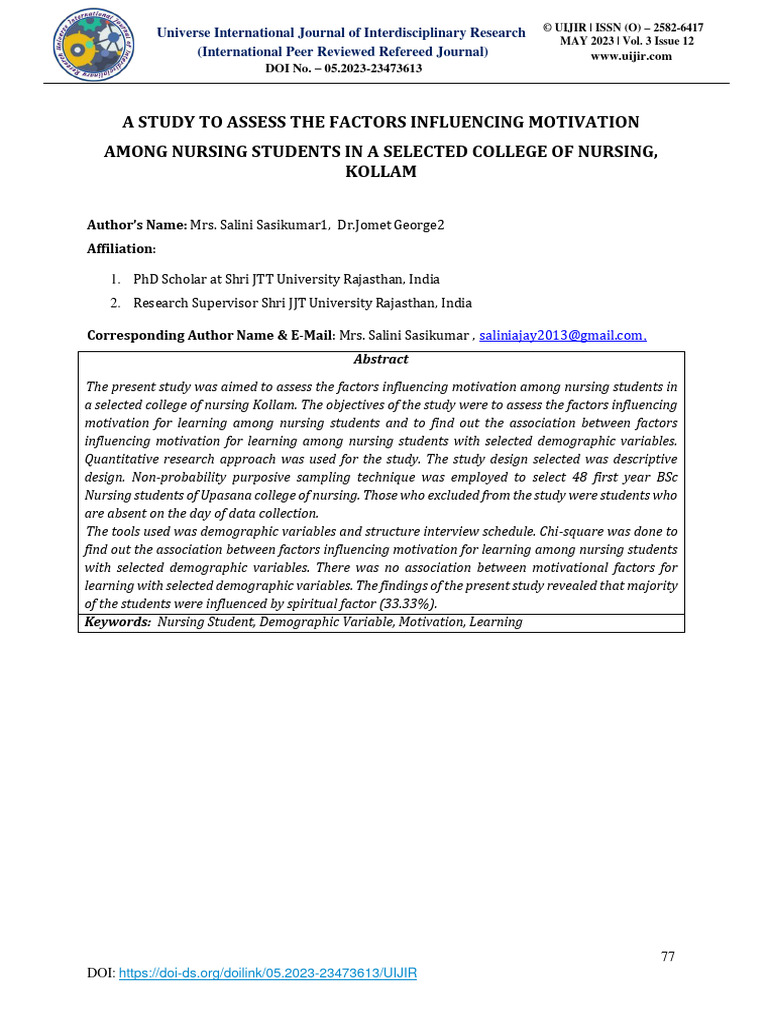 A Study To Assess The Factors Influencing Motivation Among Nursing Students in A Selected ...