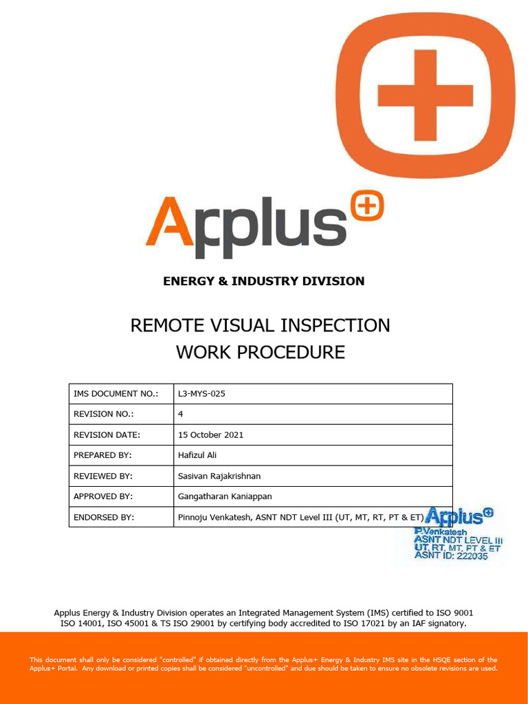 Remote Visual Inspection Procedure | PDF | Nondestructive Testing