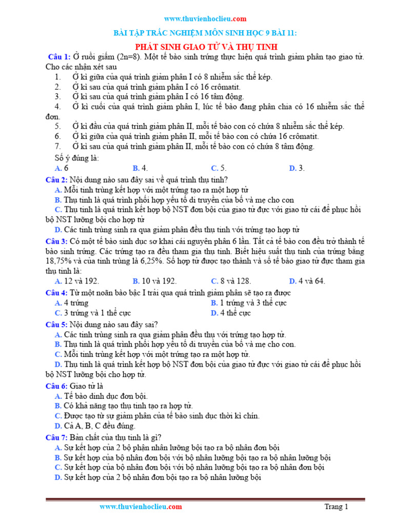 Trac Nghiem Sinh Hoc 9 Bai 11 | PDF