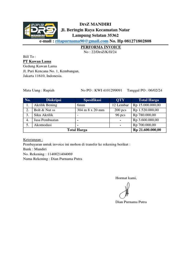 Contoh Performa Invoice untuk Pembayaran | PDF