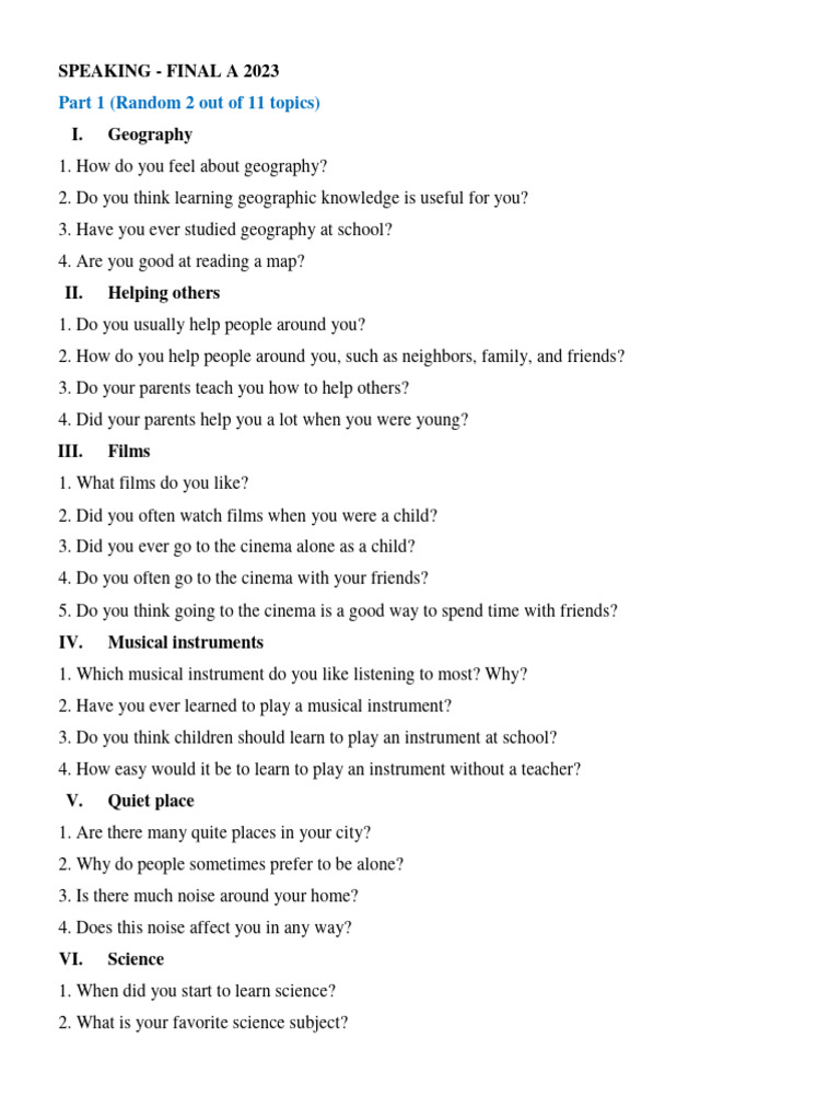Speaking Final A 2023 | PDF | Science | Geography
