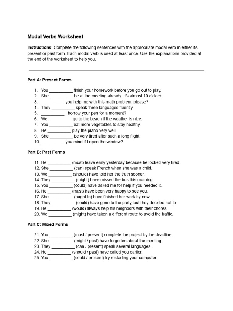 Modal Verbs Worksheet | PDF | Language Arts & Discipline | Art