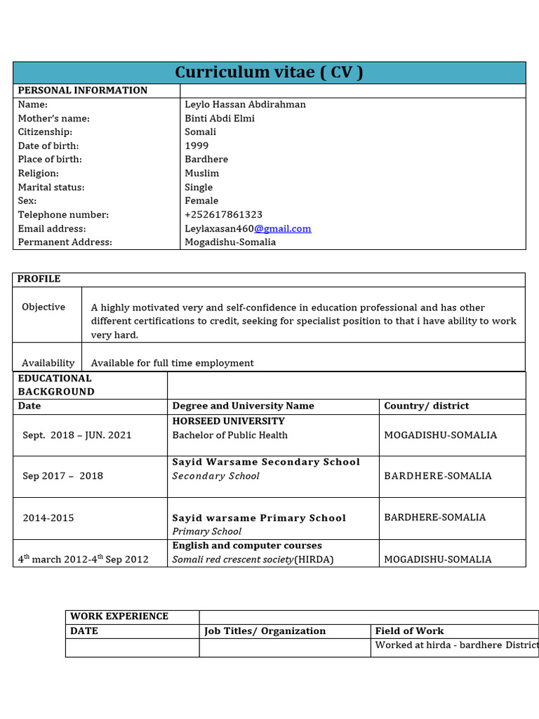 Leyla Hassan Abdirahman CV | PDF | Somalia