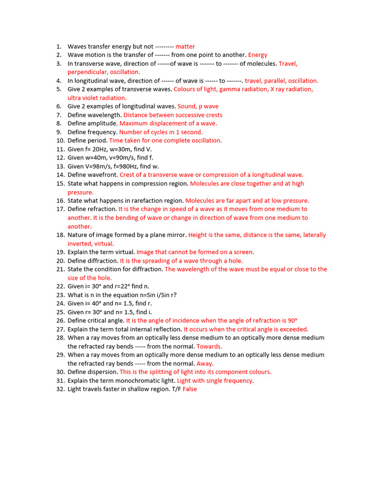 Test On Waves (1) Answers | PDF | Waves | Refraction