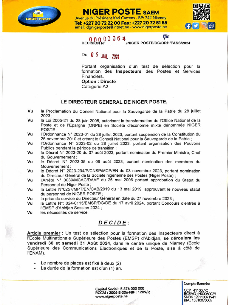 Concours, Inspecteurs Direct, Niger Poste | PDF