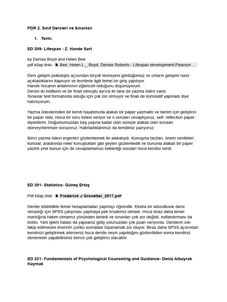 PDR 2. Sınıf Dersleri Ve Sınavları | PDF