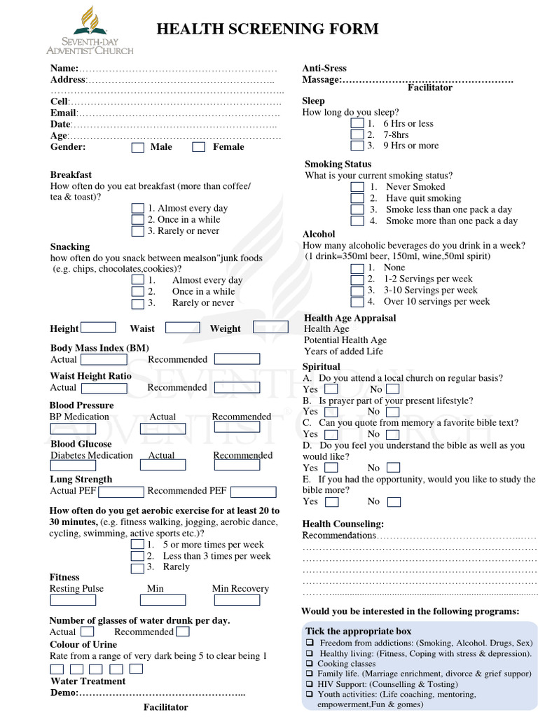 Comprehensive Health Screening Form | PDF | Drink | Physical Fitness