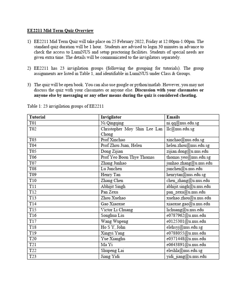 EE2211 Mid Term Quiz Instructions For Students | PDF
