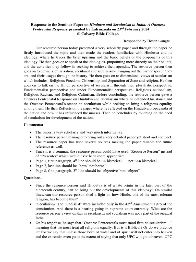 Response To The Seminar Paper On Hindutva and Secularism in India | PDF ...