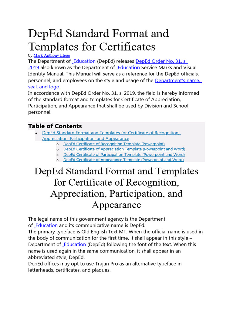 DepEd Standard Format and Templates For Certificates | PDF | Typefaces ...