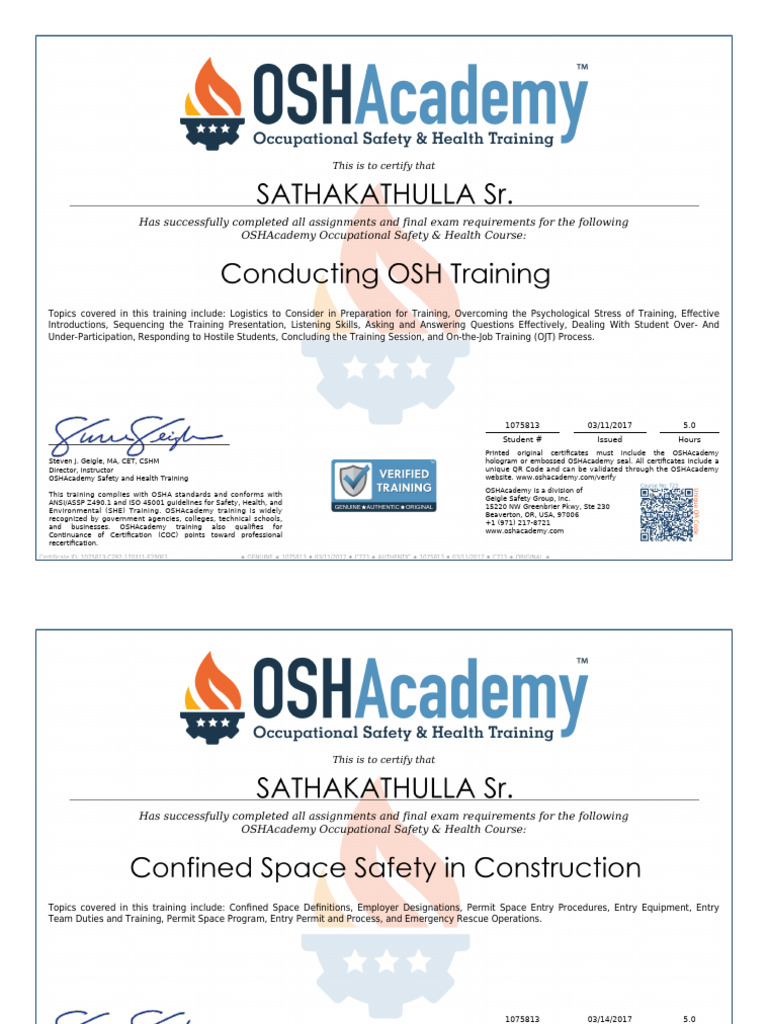 Sathakathulla 192 Hours OSHA Certificate | PDF | Occupational Safety And Health | Safety