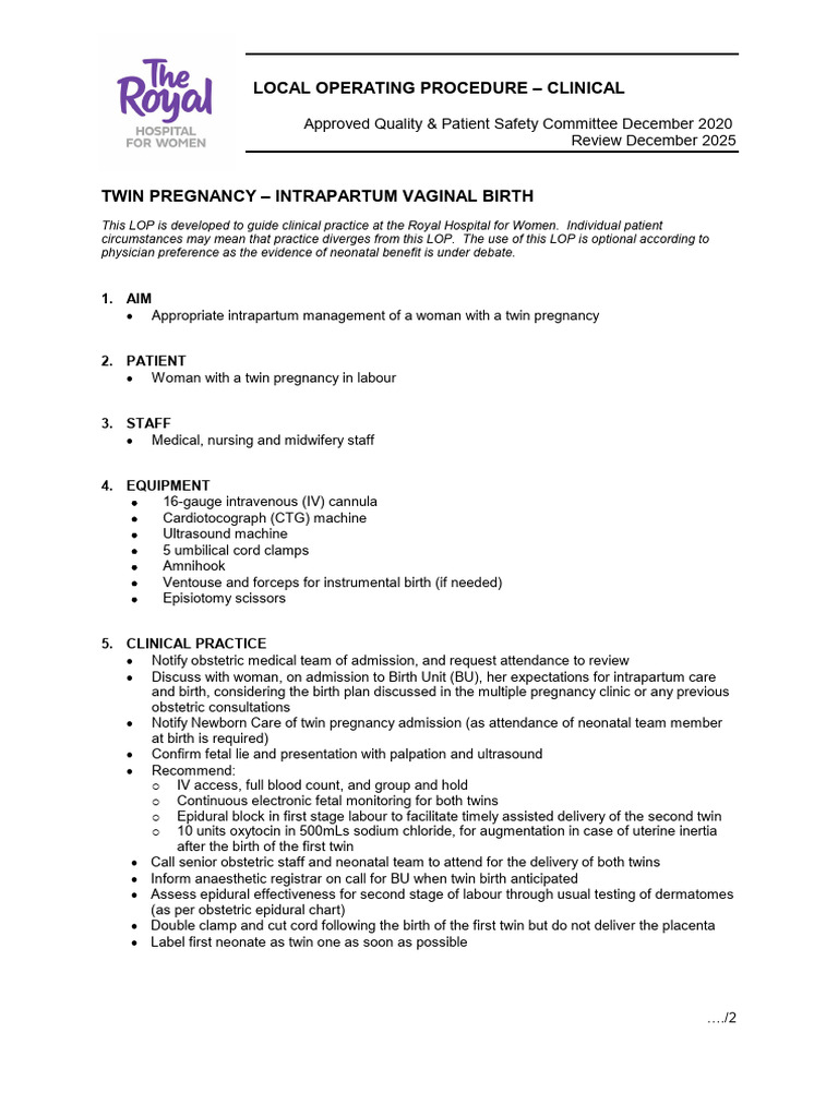 Twin Preg Intravaginal Birth 2020 | PDF | Childbirth | Caesarean Section