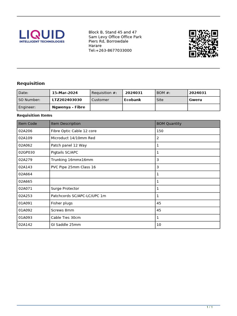 Ecobank Material Requisition | PDF | Telecommunications | Electrical Engineering