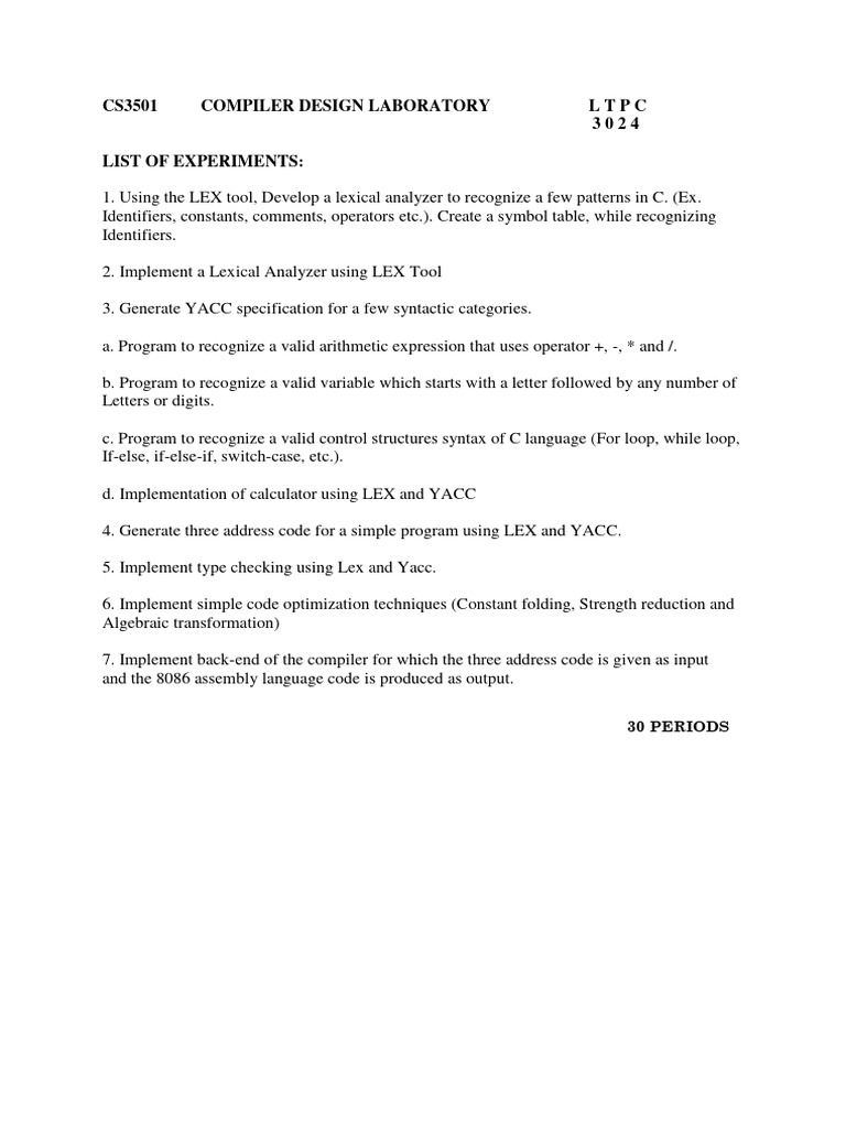 CS3501 - Compiler Design Laboratory Syllabus | PDF