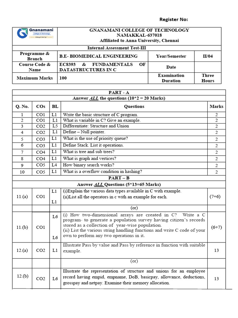 Biomedical Engineering Data Structures Exam | PDF | Pointer (Computer ...