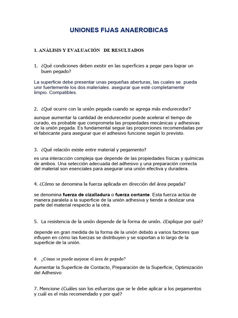 Taller 6 Pesonal UNIONES FIJAS ANAEROBICAS | PDF | Adhesivo | Epoxy