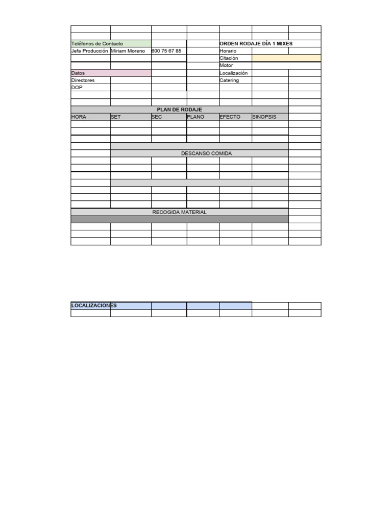 Contactos y Plan de Rodaje Día 1 | PDF