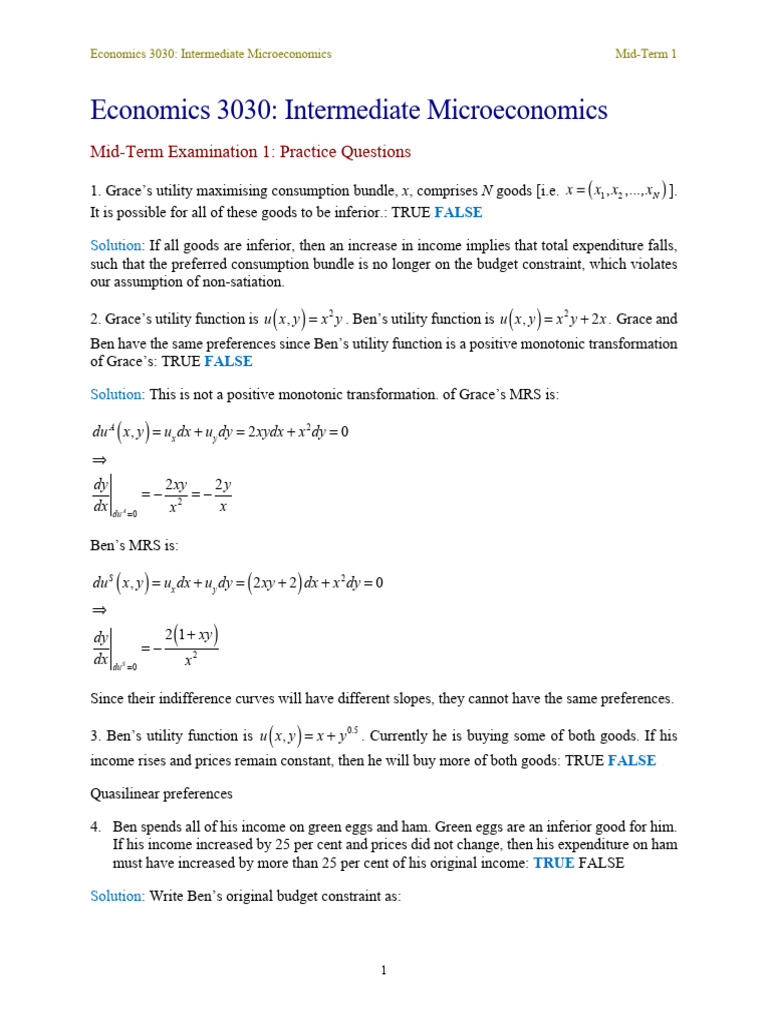 Mid Term 1 - Practice (Solutions) | Download Free PDF | Utility | Demand
