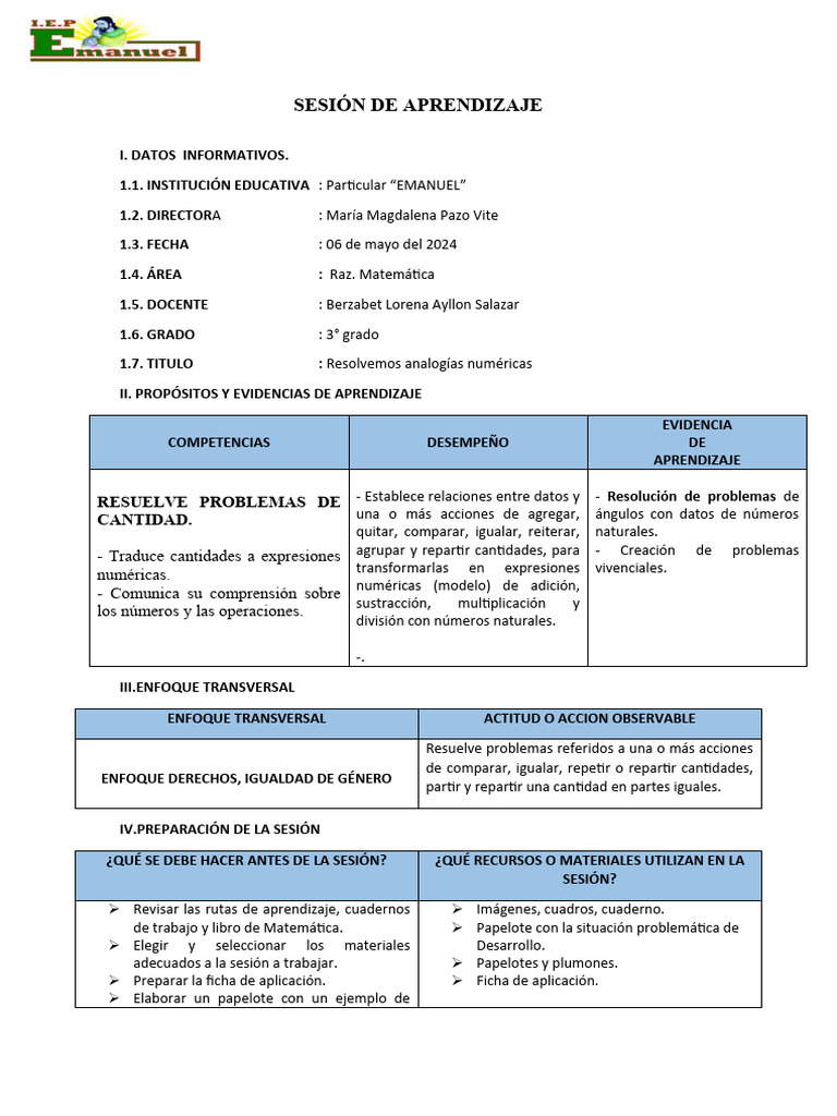 SESIÓN DE APRENDIZAJE Raz. Matematica (Analogias Numericas) | PDF | Aprendizaje | Modificación ...
