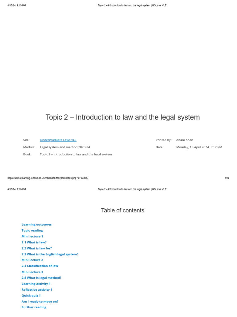 Topic 2 - Introduction To Law and The Legal System | PDF | Common Law ...