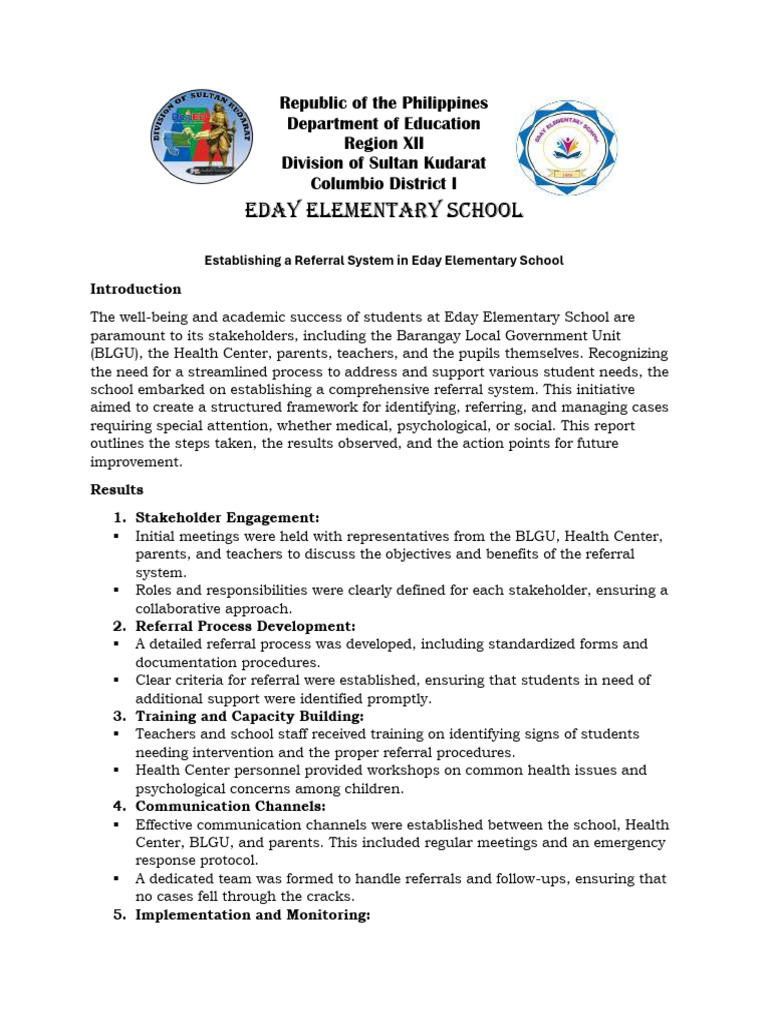 Establishing A Referral System in Eday Elementary School | PDF | Teachers | Monitoring And ...