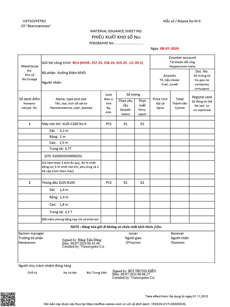 (signed) IF 28 new Phieu xuat kho đi biển giàn RC4 ngày 08.07.24 | PDF