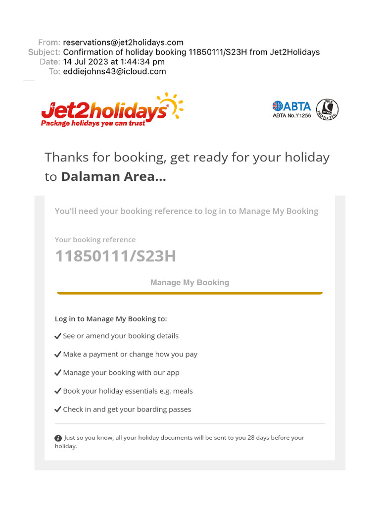 Confirmation of Holiday Booking 11850111S23H From Jet2Holidays | PDF